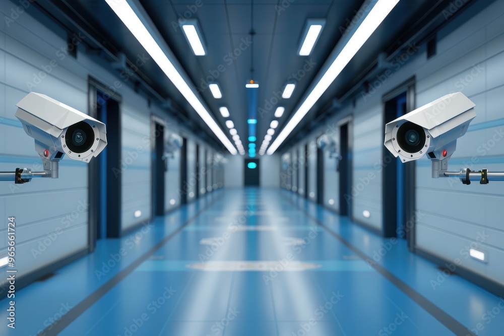 A pair of security cameras monitoring a futuristic, well-lit corridor ...
