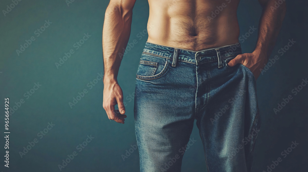 Masculine man in blue denim confidently displays defined muscles with ...