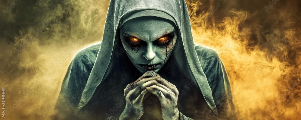 Scary evil nun is praying with bloody face in the dark Stock Photo ...