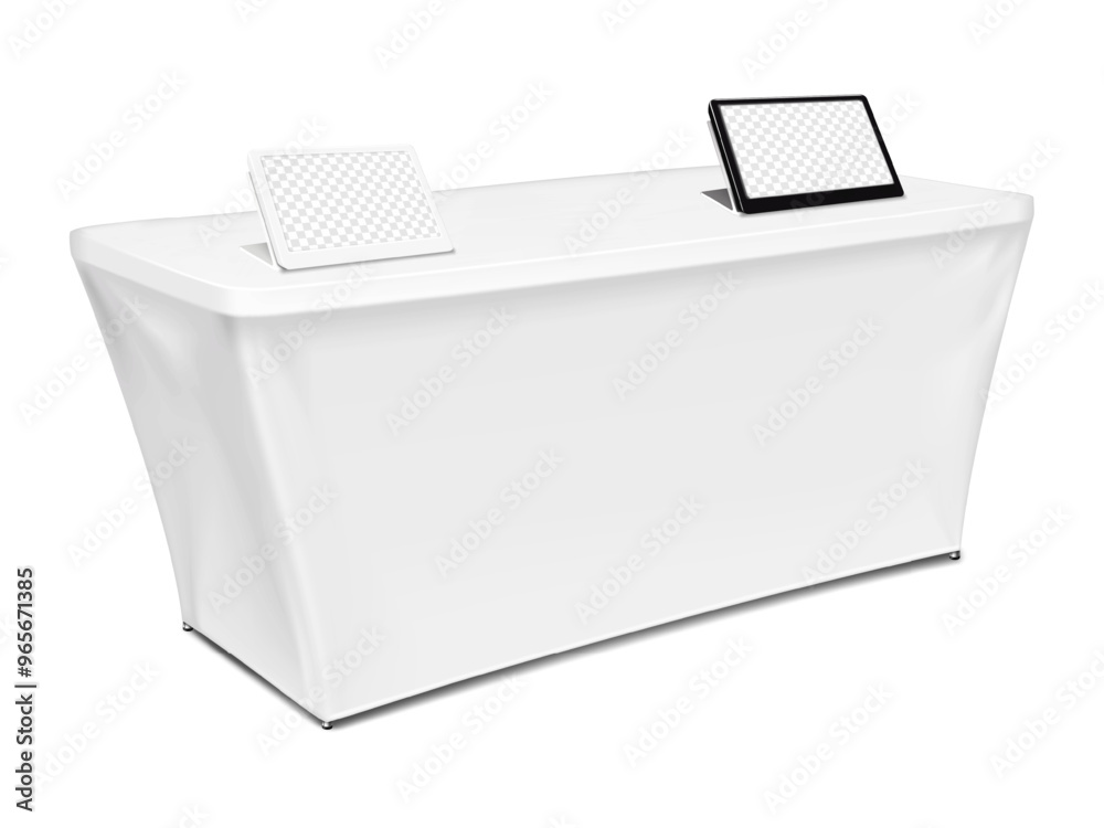 Exhibition set template. Tradeshow table with blank stretch cover for ...