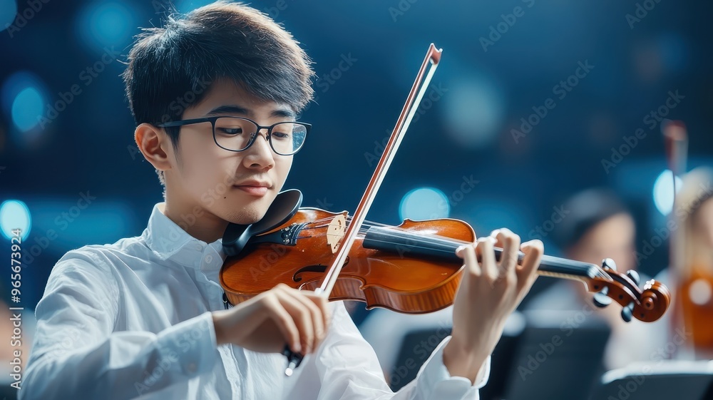 Asian men performing a dynamic violin concert on a modern stage, the ...