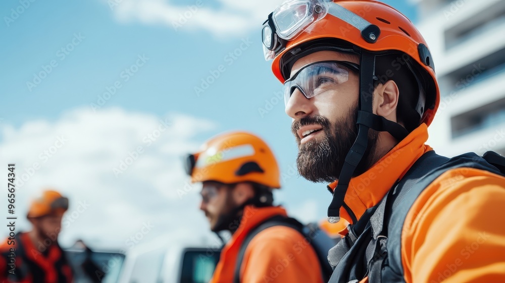 Muslim people in rescue unit outfits, efficiently working together in a ...