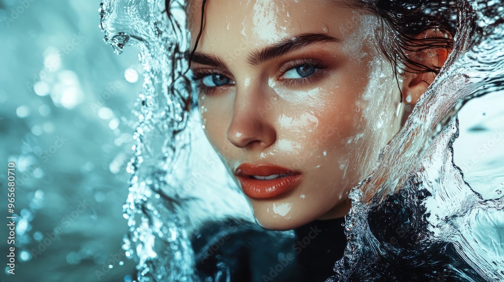 A striking model woman with a confident pose is set against a backdrop ...