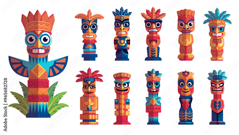 Cartoon ritual hawaiian and african wooden statues. Totems set Stock ...