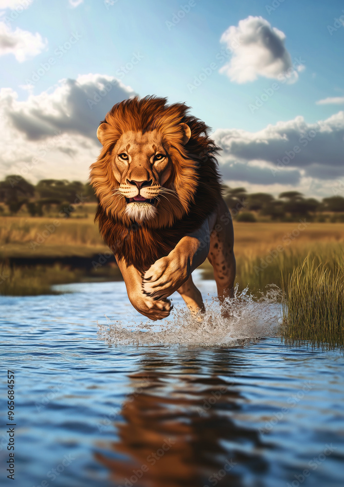 Un lion courant et sautant dans l'eau d'une rivière, dans la savane en ...