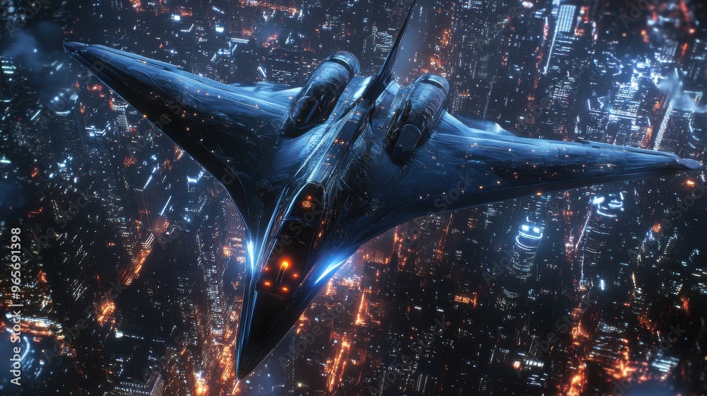 Advanced Futuristic Fighter Jet Wings with Cityscape Below at Night ...