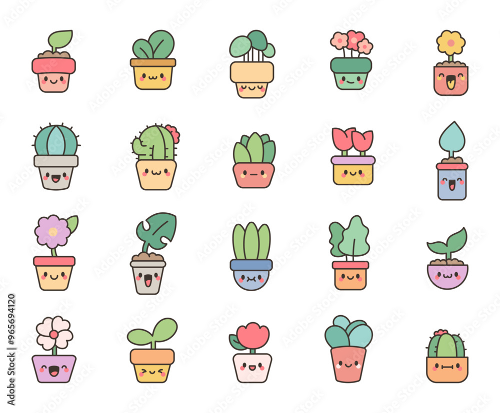 Cute kawaii flower pots. Adorable cartoon characters of home comfort ...