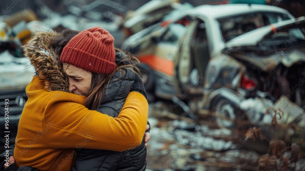 Emotional aftermath of accident, people hugging and crying near the ...