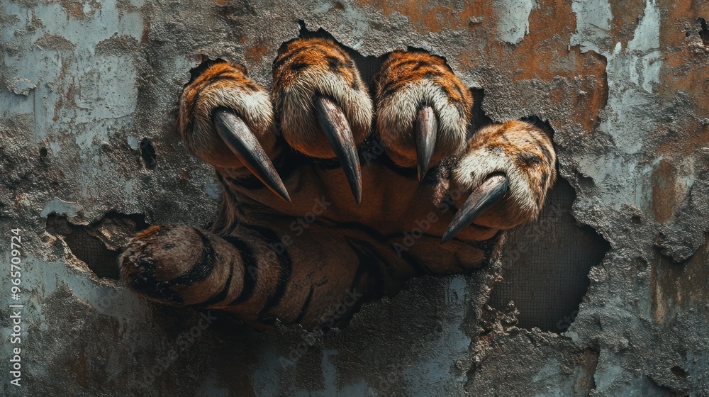 The claws of the tiger hands tore through the iron wall background ...