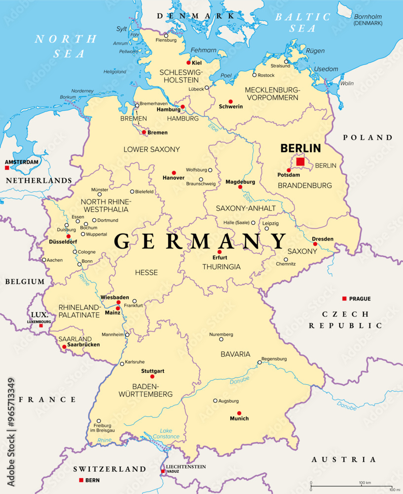 Germany, a country in Central Europe with capital Berlin, political map ...