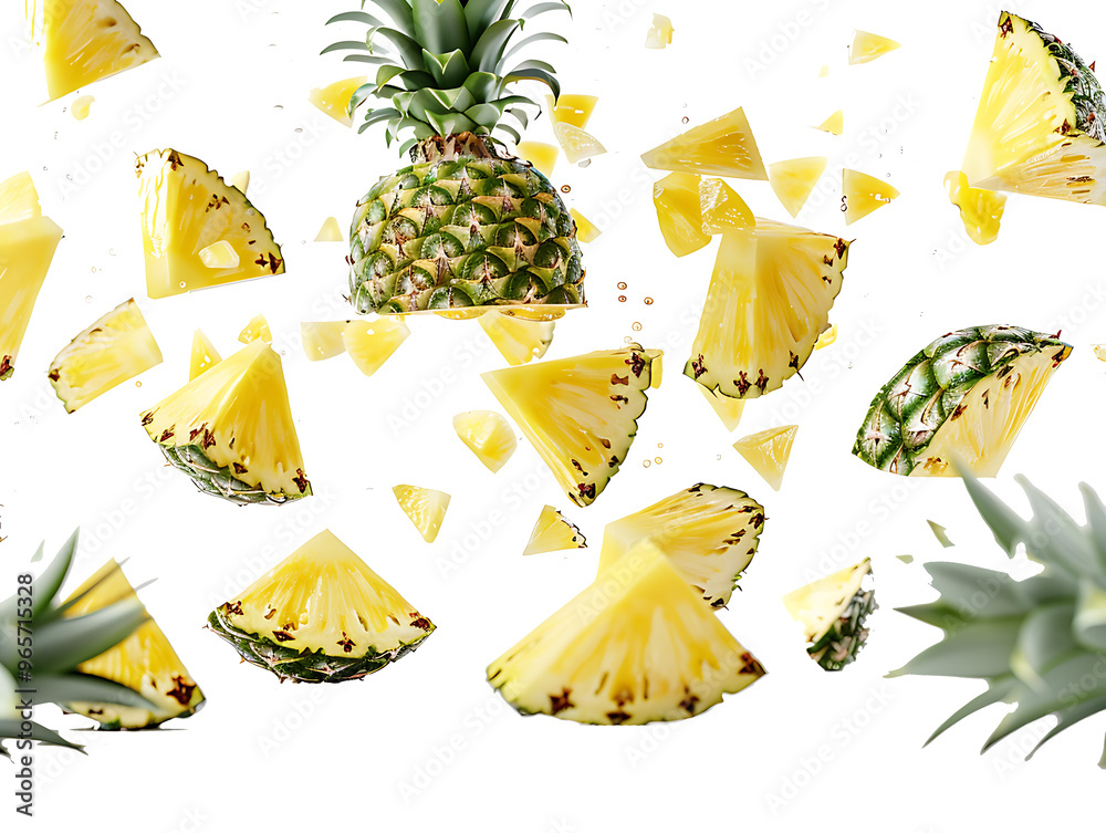 Falling Pineapple slices isolated on Transparent background, full depth ...