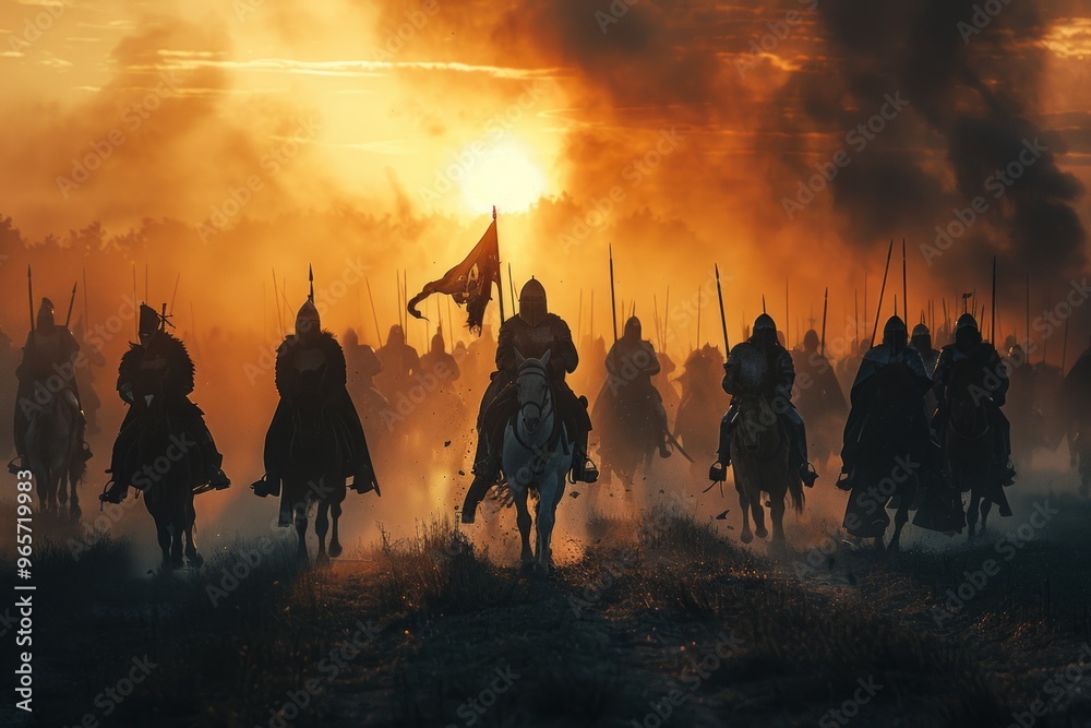 Massive cavalry charge at sunset with riders bearing flags, creating a ...