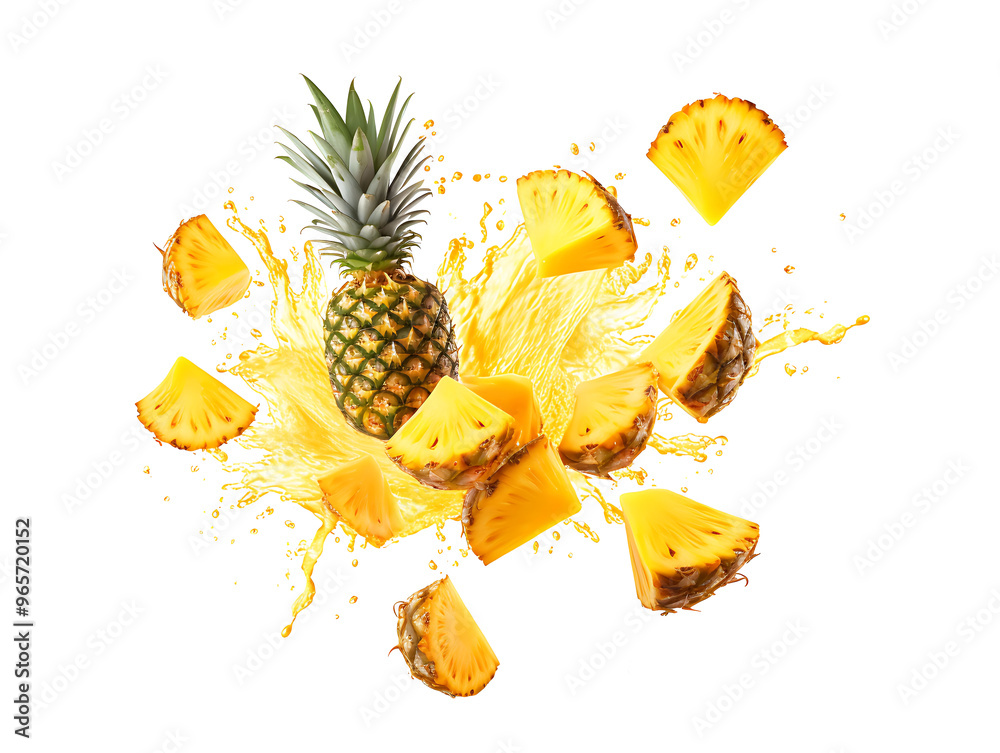 Falling Pineapple slices isolated on Transparent background, full depth ...