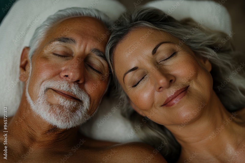 An elderly couple enjoys a serene spa session together, showcasing ...