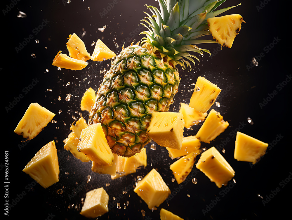 Falling Pineapple slices isolated on Transparent background, full depth ...