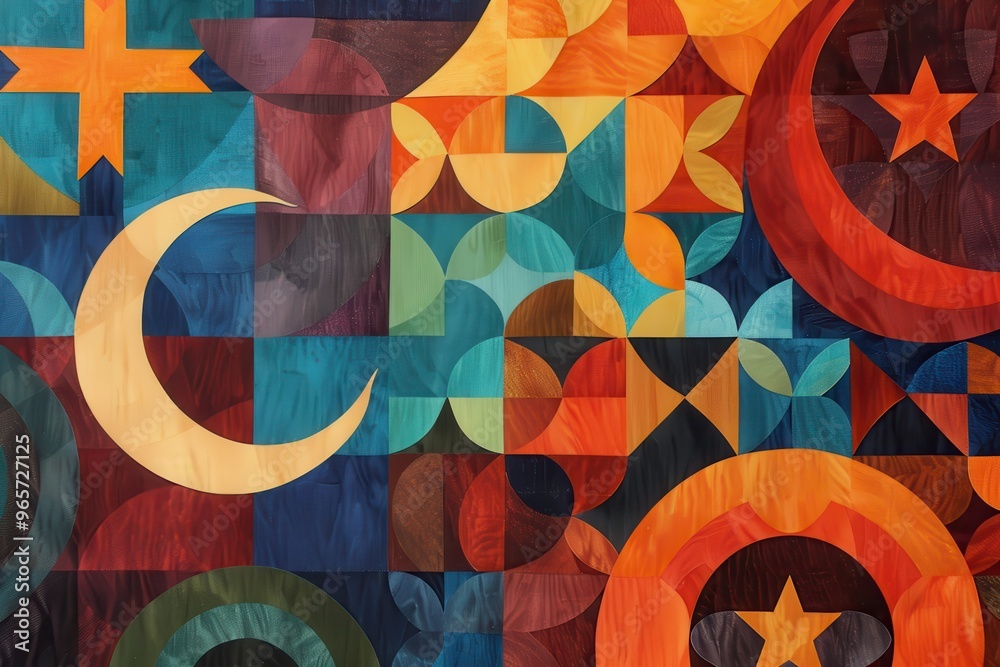 Artistic mural displaying peaceful integration of religious symbols ...