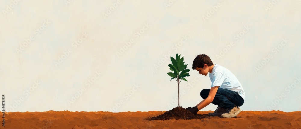 young boy planting a tree sapling - symbol of hope, growth, and ...