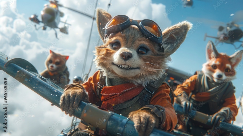 Cartoon Animal Pilots Flying Funny Air Transports: Bear on Balloon, Fox ...