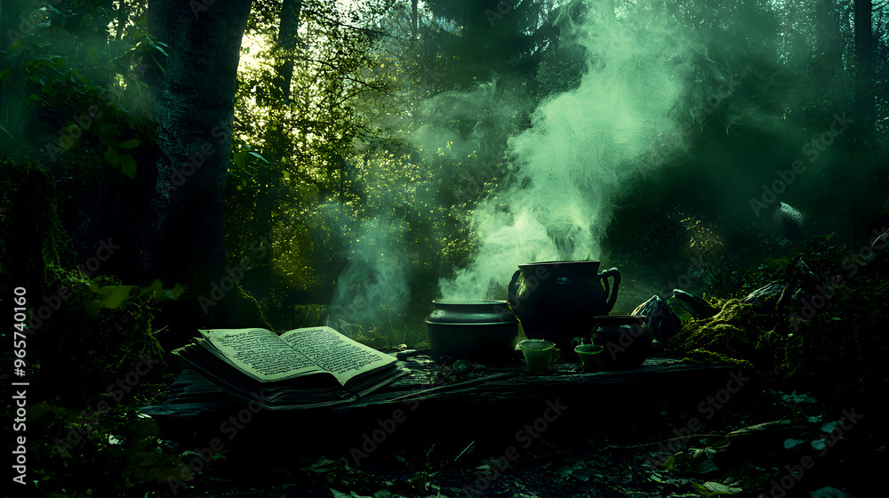 secret witches’ coven in the woods, where potions brew in cauldrons ...