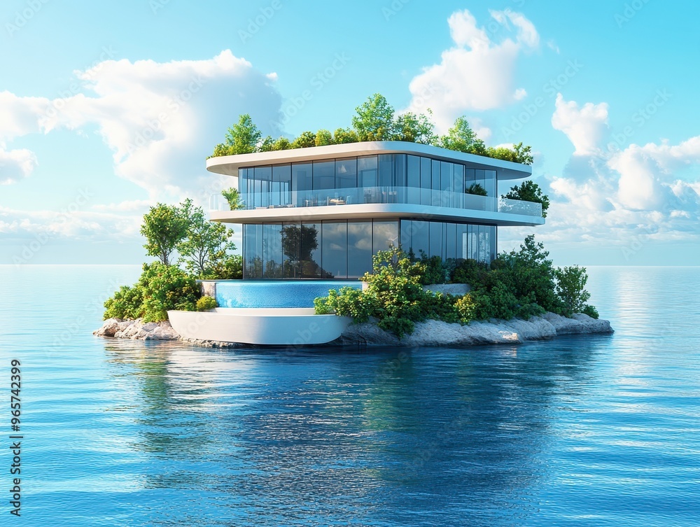 Office building on an island in a blue ocean, representing isolated ...