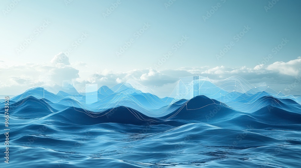 Abstract waves forming a business graph in a serene blue ocean ...