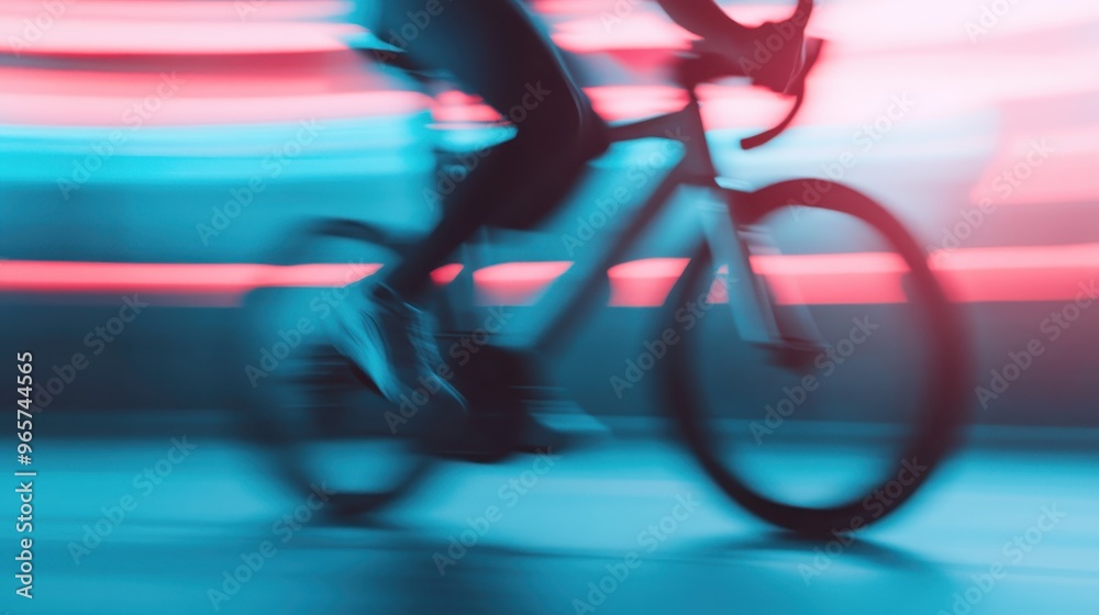 An image of a cyclist speeding through a vibrant neon background. The ...
