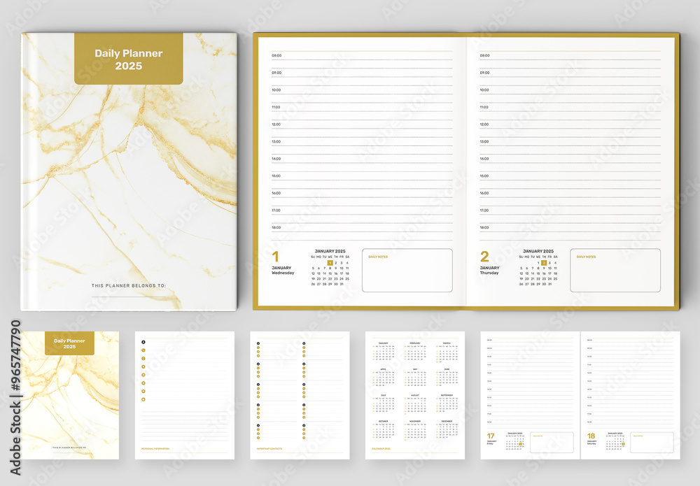 Daily Planner 2025 Layout with Golden Accents Stock Template | Adobe Stock