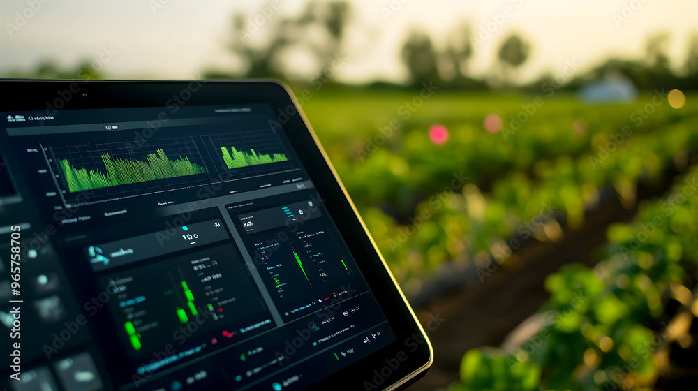 sleek digital dashboard on a tablet displaying crop health, soil ...