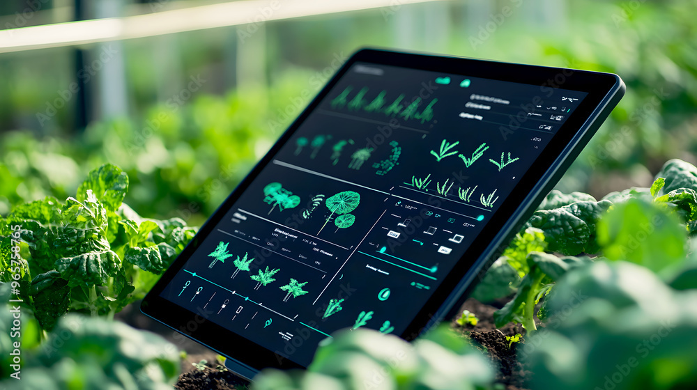 sleek digital dashboard on a tablet displaying crop health, soil ...