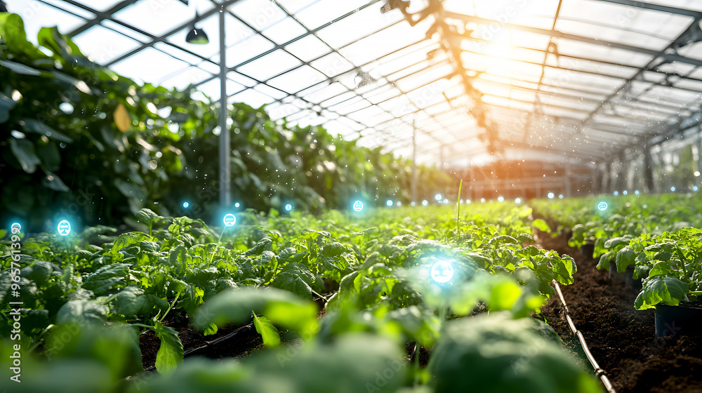 smart greenhouse with IoT sensors attached to the roof and soil ...