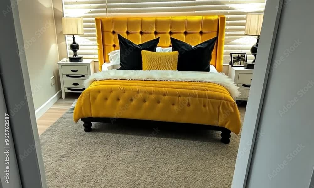 A stylish bedroom featuring a yellow velvet bed, white nightstands with ...