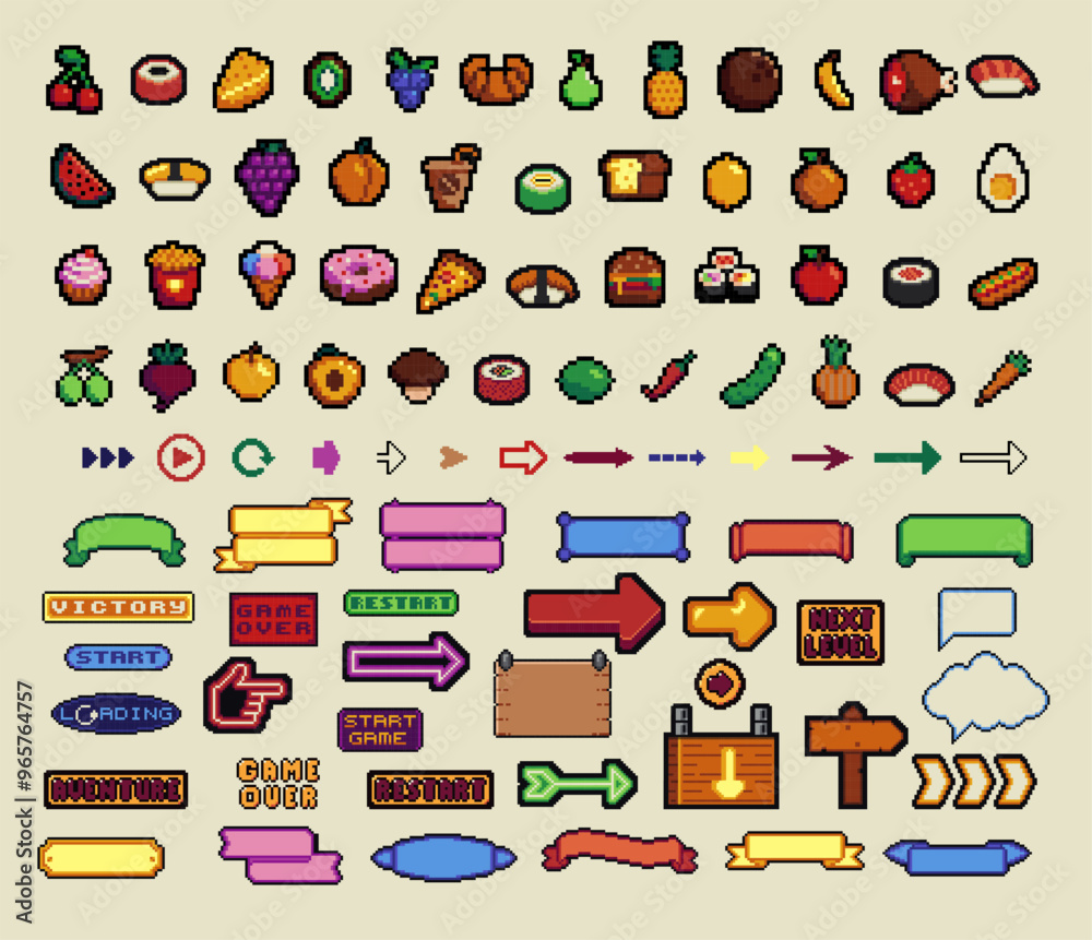 Pixel art frames. Retro 8 bit buttons, arrows, speech bubble messages ...