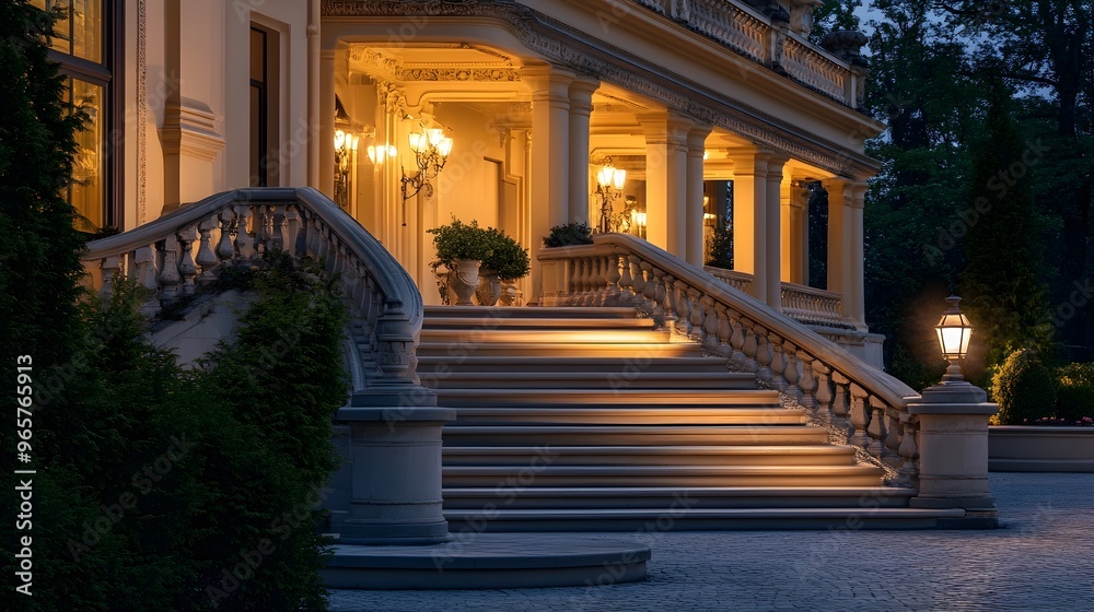 Photograph of a grand classic style stone terrace with an elaborate ...
