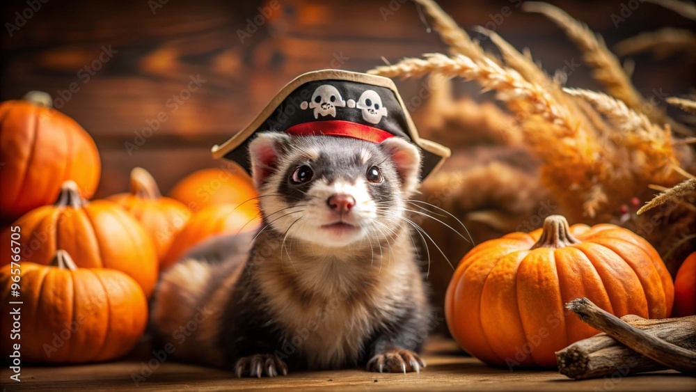 Ferret dressed as a pirate, with tiny hat and eyepatch, exploring a ...