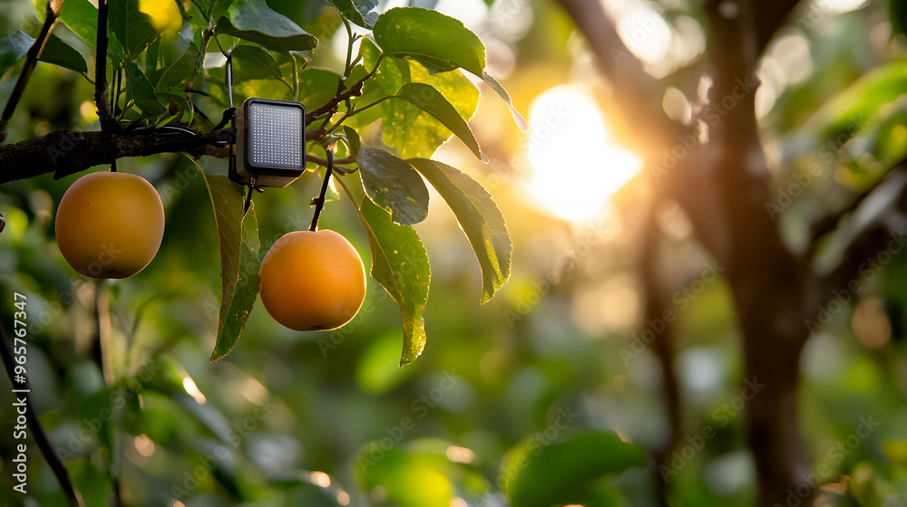 solar-powered IoT sensor attached to a fruit tree, monitoring its ...