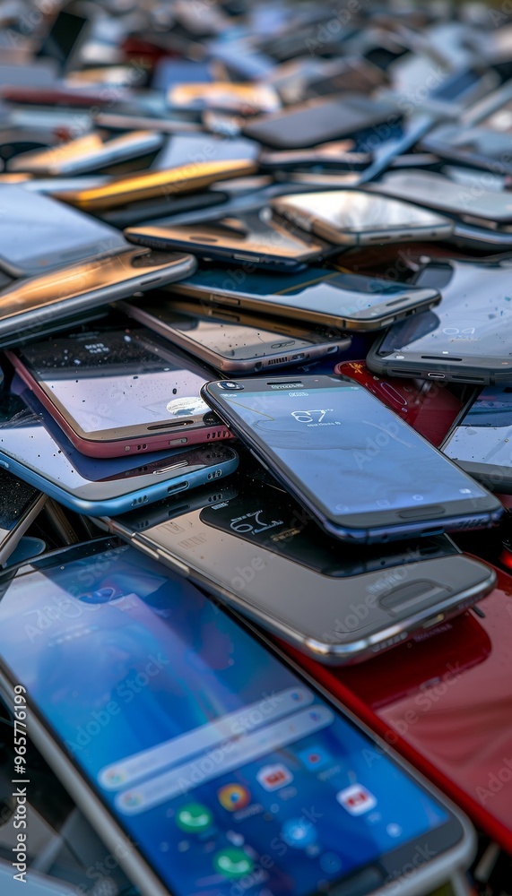 Pile of discarded mobile phones, depicting technology waste ...