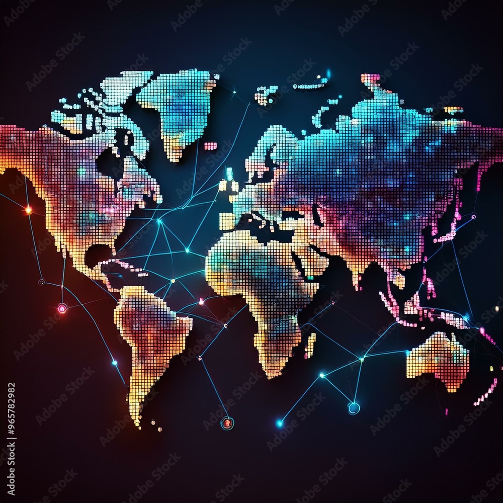 Craft an intricate pixel art piece featuring a world map where each ...