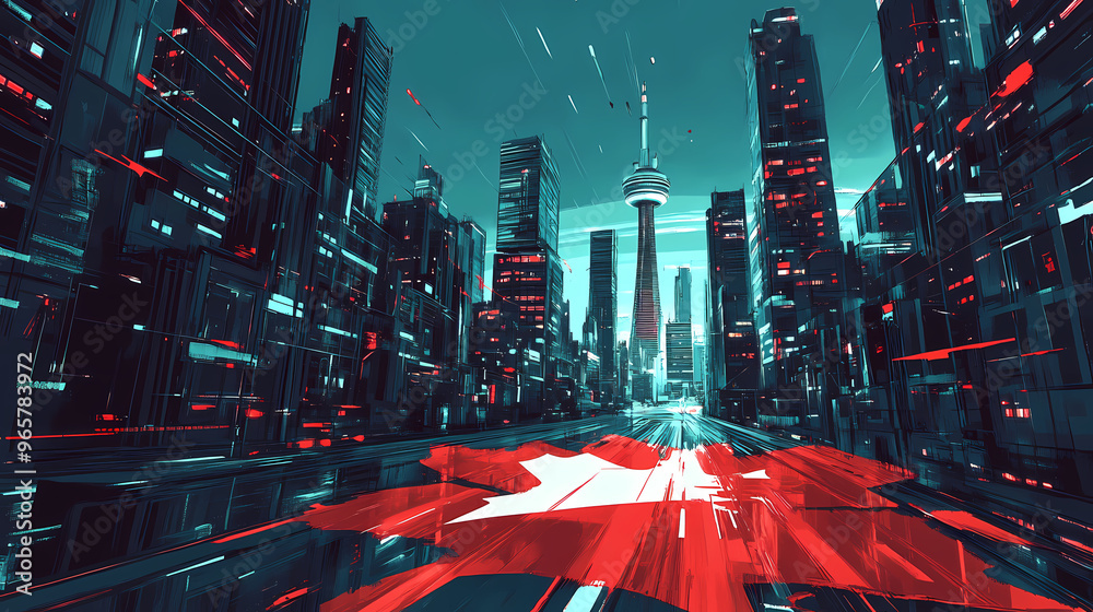 Dystopian future cityscape with canadian flag. Dystopian Future ...