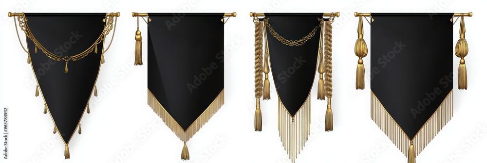Black long pennant flags with golden tassel fringe and borders isolated ...