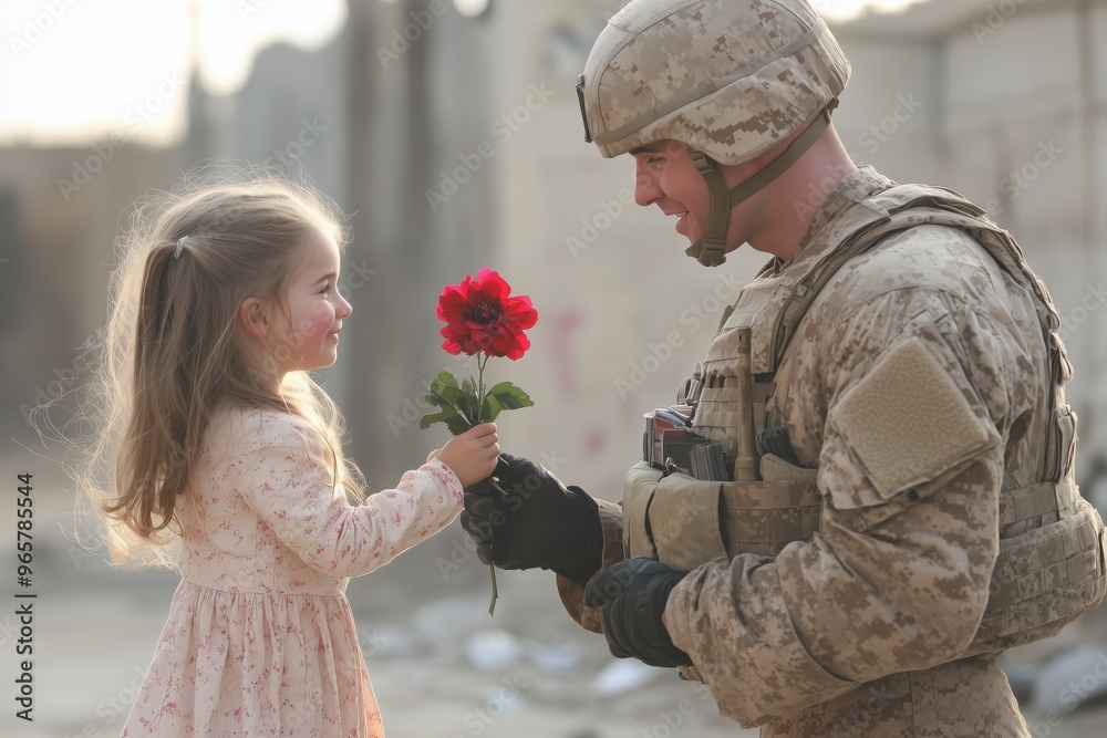 Little girl giving a red flower to a soldier in a war zone. No war ...
