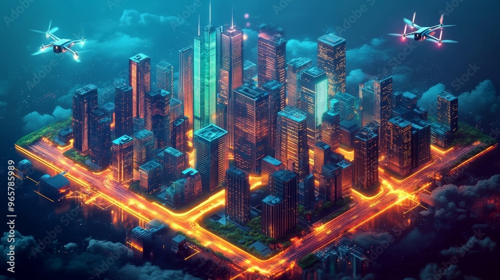 A hybrid city with solar energy grids on modern architecture and wind ...