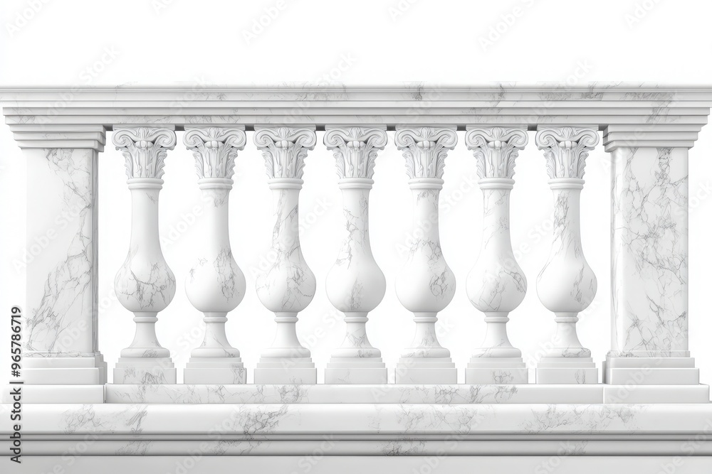 White stone or marble balustrades with pillars, columns, balusters and ...