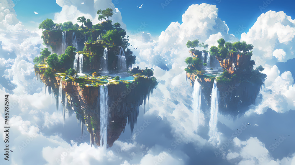 Fantasy kingdom in a floating island in the sky, clouds, waterfalls ...