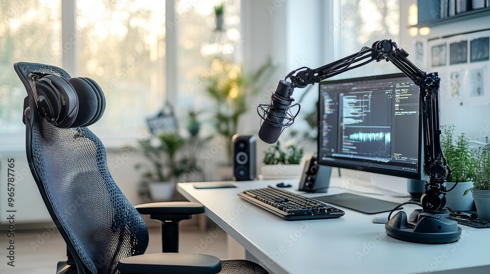 Innovative podcast studio featuring mesh ergonomic chairs, robotic arms ...