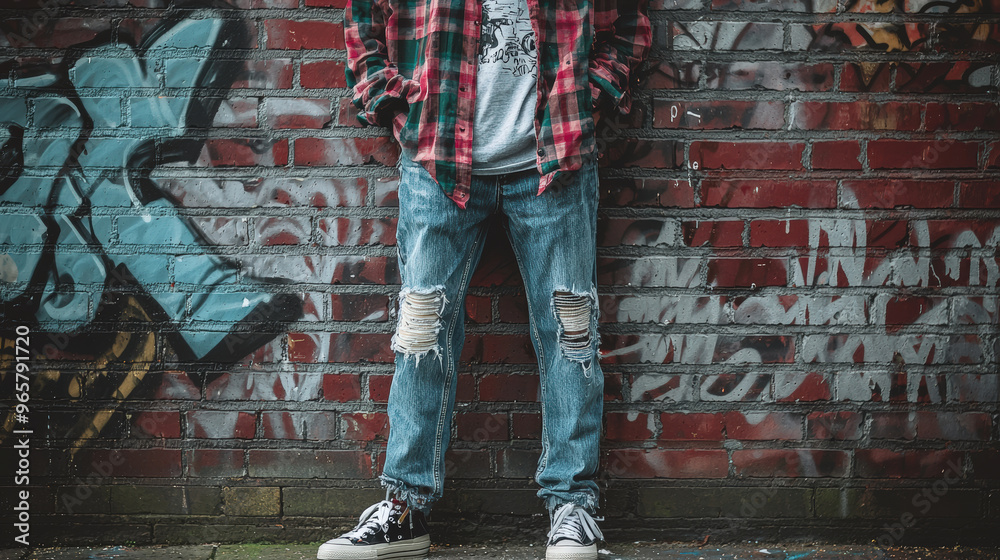 Grunge style outfit featuring flannel shirt, ripped jeans, and sneakers ...