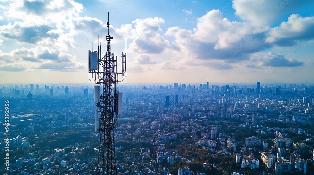 Cellular tower against blue sky with white clouds, 5G antenna ...