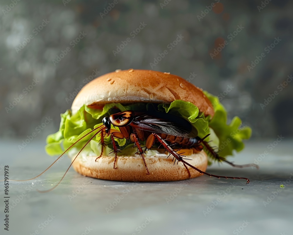 Cockroach Peeking Out from Lettuce and Buns of Half Eaten Hamburger ...