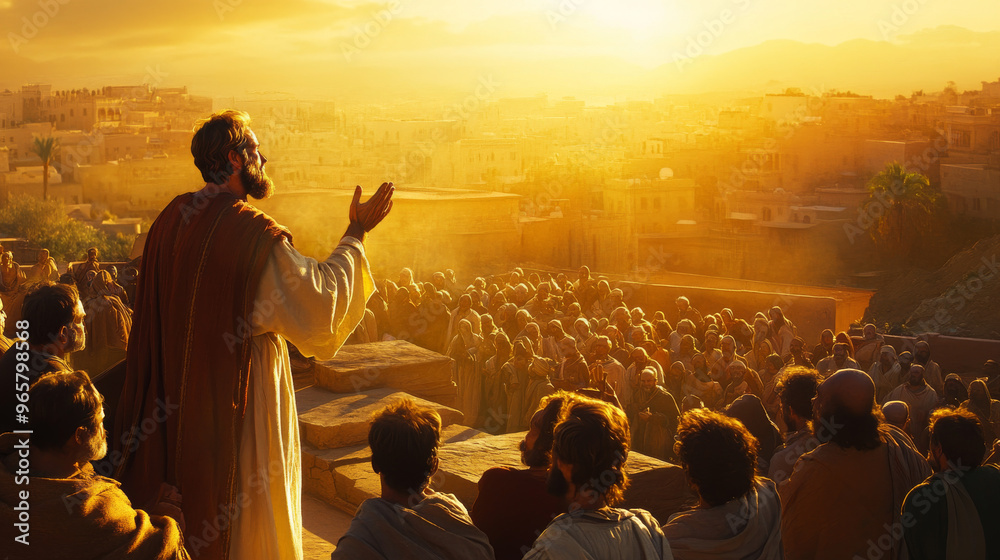 A powerful scene of Jesus delivering a sermon to a large crowd, bathed ...