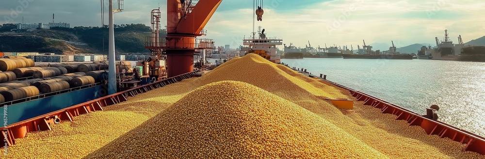 A cargo ship is loading corn on the deck, with large piles of yellow ...