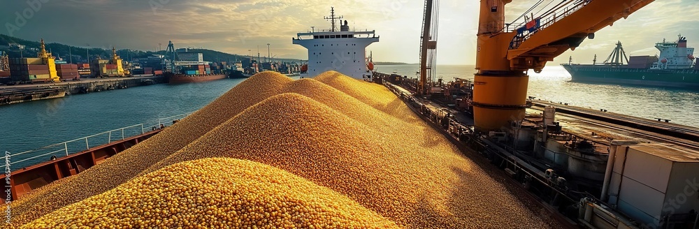 A cargo ship is loading corn on the deck, with large piles of yellow ...